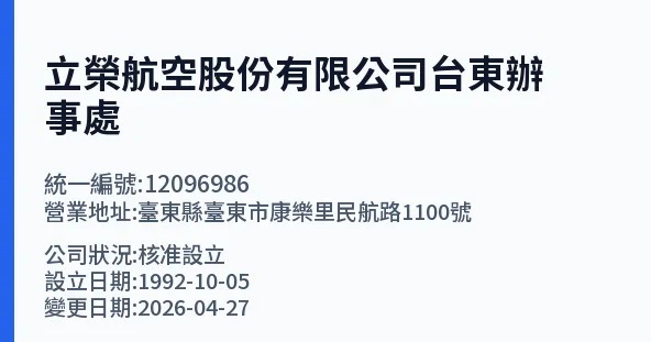 立榮航空股份有限公司台東辦事處的照片-統編 12096986(臺東縣) 公司登記資料與營業項目詳細圖表