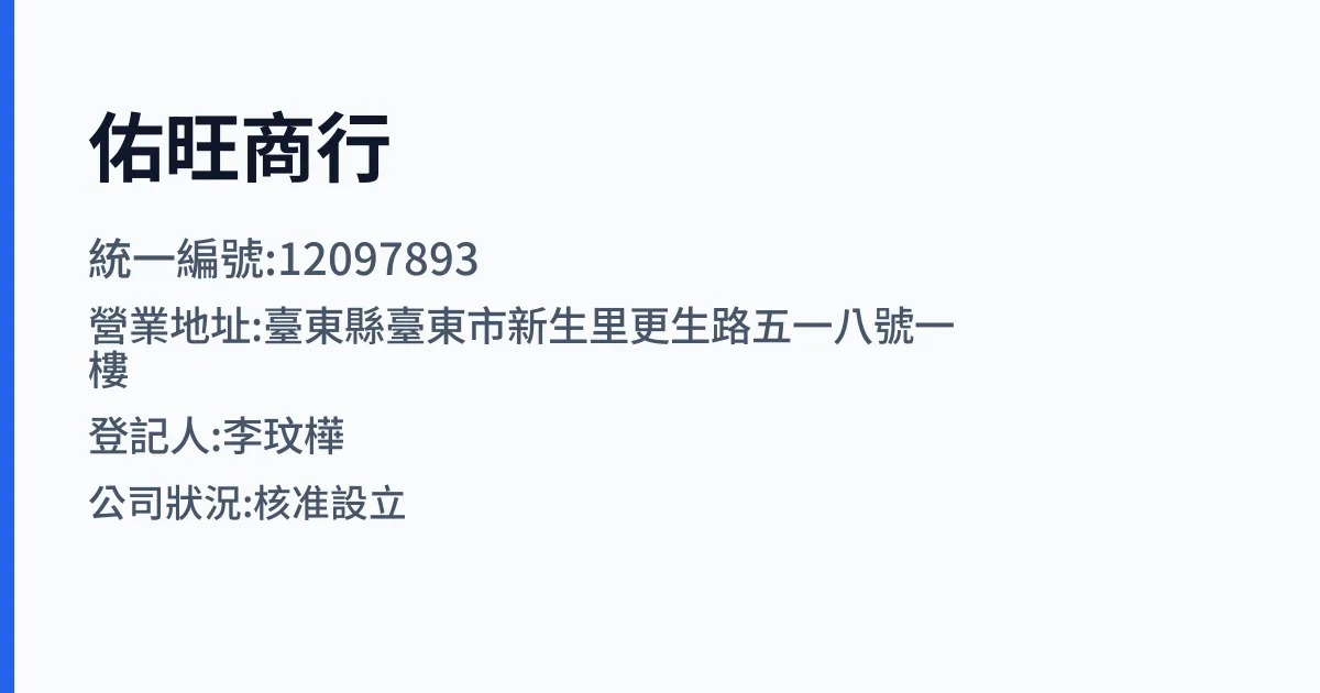 佑旺商行 - 統編 12097893(臺東縣) 公司登記資料與營業項目詳細圖表