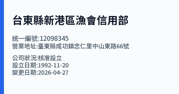 台東縣新港區漁會信用部的照片-統編 12098345(臺東縣) 公司登記資料與營業項目詳細圖表