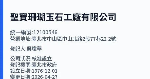 聖寶珊瑚玉石工廠有限公司的照片-統編 12100546(臺北市) 公司登記資料與營業項目詳細圖表