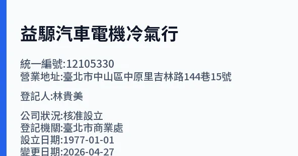益騵汽車電機冷氣行的照片-統編 12105330(臺北市) 公司登記資料與營業項目詳細圖表