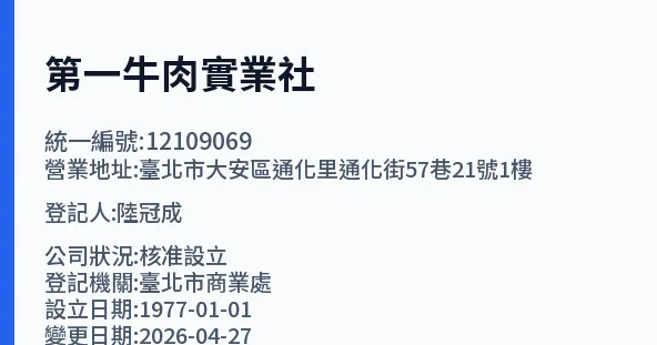第一牛肉實業社的照片-統編 12109069(臺北市) 公司登記資料與營業項目詳細圖表