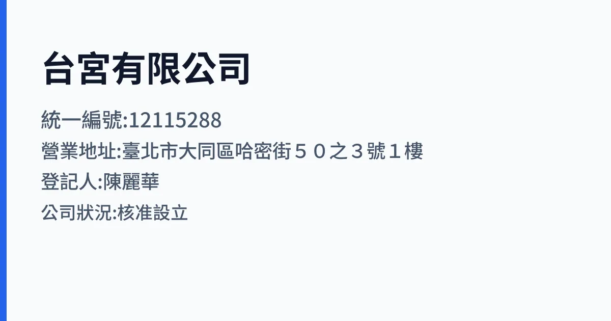 台宮有限公司 - 統編 12115288(臺北市) 公司登記資料與營業項目詳細圖表