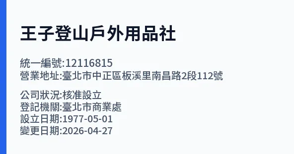 王子登山戶外用品社的照片-統編 12116815(臺北市) 公司登記資料與營業項目詳細圖表