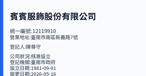賓賓服飾股份有限公司的照片-統編 12119910(臺南市) 公司登記資料與營業項目詳細圖表