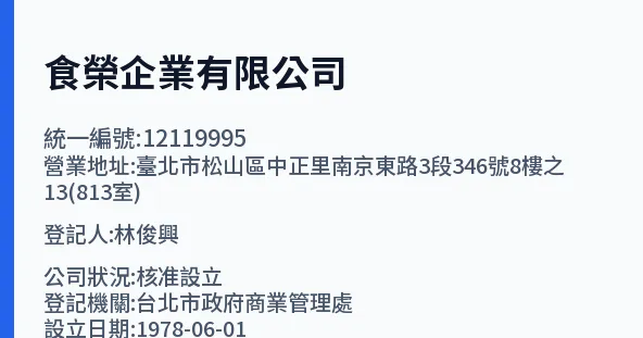食榮企業有限公司的照片-統編 12119995(臺北市) 公司登記資料與營業項目詳細圖表