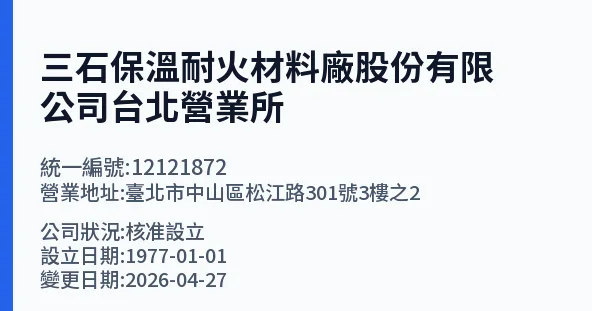 三石保溫耐火材料廠股份有限公司台北營業所的照片-統編 12121872(臺北市) 公司登記資料與營業項目詳細圖表