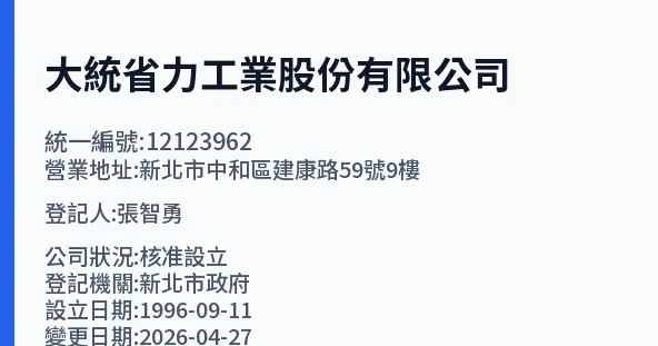 大統省力工業股份有限公司的照片-統編 12123962(新北市) 公司登記資料與營業項目詳細圖表