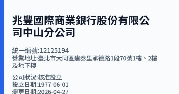 兆豐國際商業銀行股份有限公司中山分公司的照片-統編 12125194(臺北市) 公司登記資料與營業項目詳細圖表