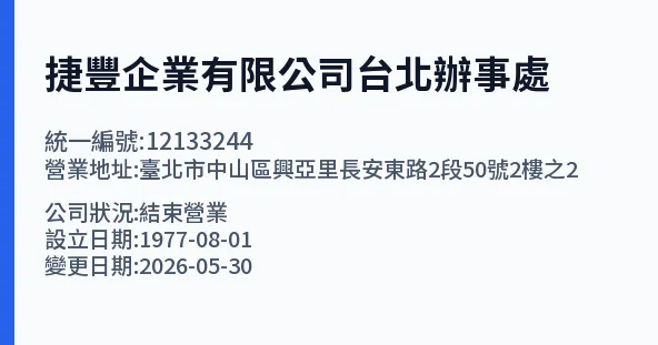 捷豐企業有限公司台北辦事處的照片-統編 12133244(臺北市) 公司登記資料與營業項目詳細圖表