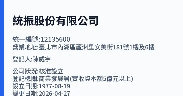 統振股份有限公司的照片-統編 12135600(臺北市) 公司登記資料與營業項目詳細圖表
