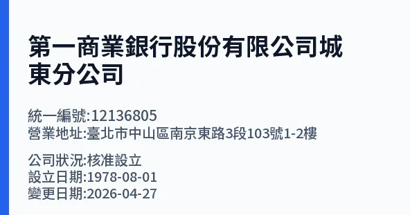 第一商業銀行股份有限公司城東分公司的照片-統編 12136805(臺北市) 公司登記資料與營業項目詳細圖表