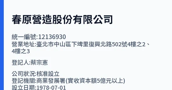 春原營造股份有限公司的照片-統編 12136930(臺北市) 公司登記資料與營業項目詳細圖表