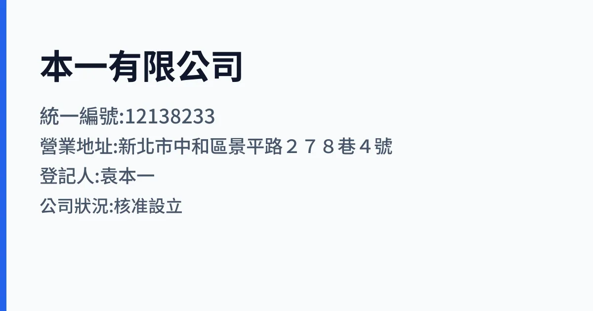 本一有限公司 - 統編 12138233(新北市) 公司登記資料與營業項目詳細圖表