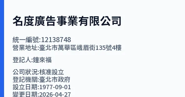 名度廣告事業有限公司的照片-統編 12138748(臺北市) 公司登記資料與營業項目詳細圖表