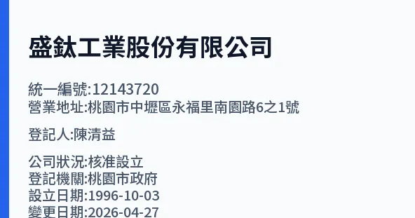 盛鈦工業股份有限公司的照片-統編 12143720(桃園市) 公司登記資料與營業項目詳細圖表