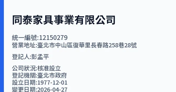 同泰家具事業有限公司的照片-統編 12150279(臺北市) 公司登記資料與營業項目詳細圖表