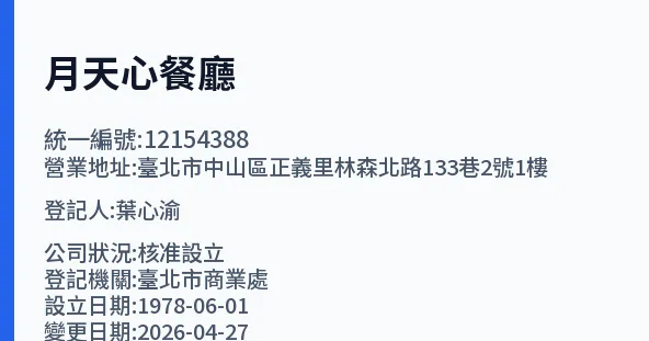 月天心餐廳的照片-統編 12154388(臺北市) 公司登記資料與營業項目詳細圖表