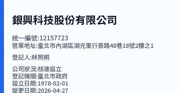 銀興科技股份有限公司的照片-統編 12157723(臺北市) 公司登記資料與營業項目詳細圖表