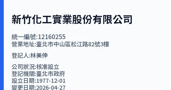 新竹化工實業股份有限公司的照片-統編 12160255(臺北市) 公司登記資料與營業項目詳細圖表