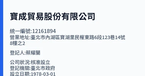 寶成貿易股份有限公司的照片-統編 12161894(臺北市) 公司登記資料與營業項目詳細圖表