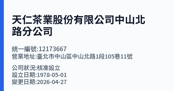 天仁茶業股份有限公司中山北路分公司的照片-統編 12173667(臺北市) 公司登記資料與營業項目詳細圖表
