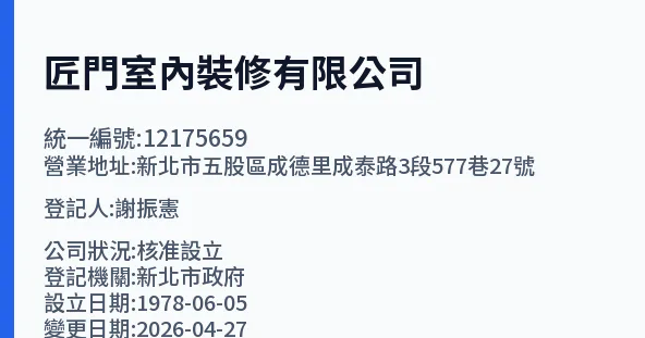 匠門室內裝修有限公司的照片-統編 12175659(新北市) 公司登記資料與營業項目詳細圖表