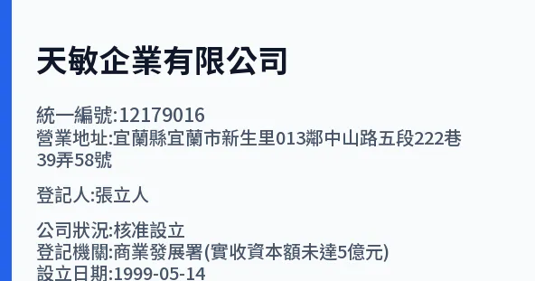 天敏企業有限公司的照片-統編 12179016(宜蘭縣) 公司登記資料與營業項目詳細圖表