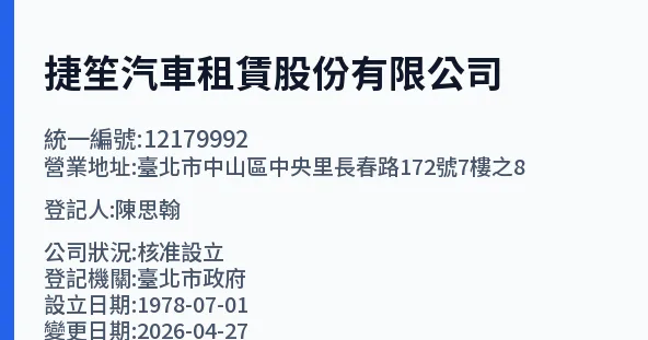 捷笙汽車租賃股份有限公司的照片-統編 12179992(臺北市) 公司登記資料與營業項目詳細圖表