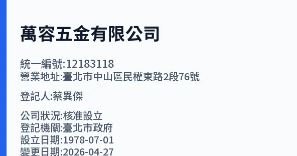 萬容五金有限公司的照片-統編 12183118(臺北市) 公司登記資料與營業項目詳細圖表