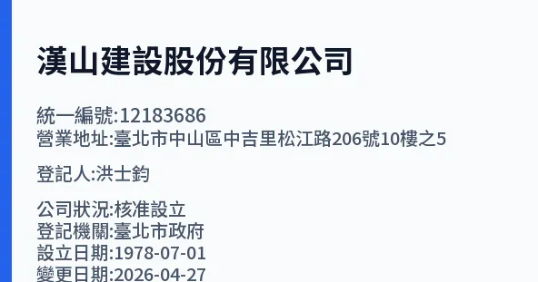 漢山建設股份有限公司的照片-統編 12183686(臺北市) 公司登記資料與營業項目詳細圖表