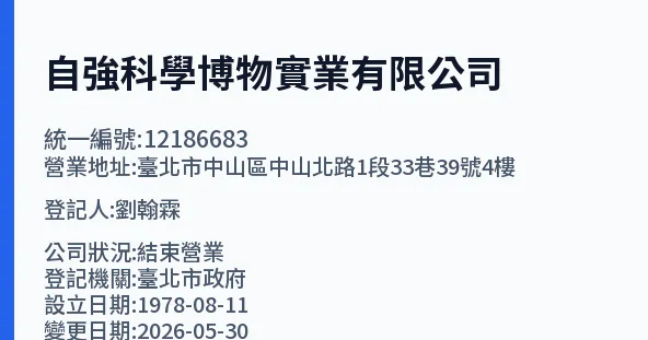 自強科學博物實業有限公司的照片-統編 12186683(臺北市) 公司登記資料與營業項目詳細圖表