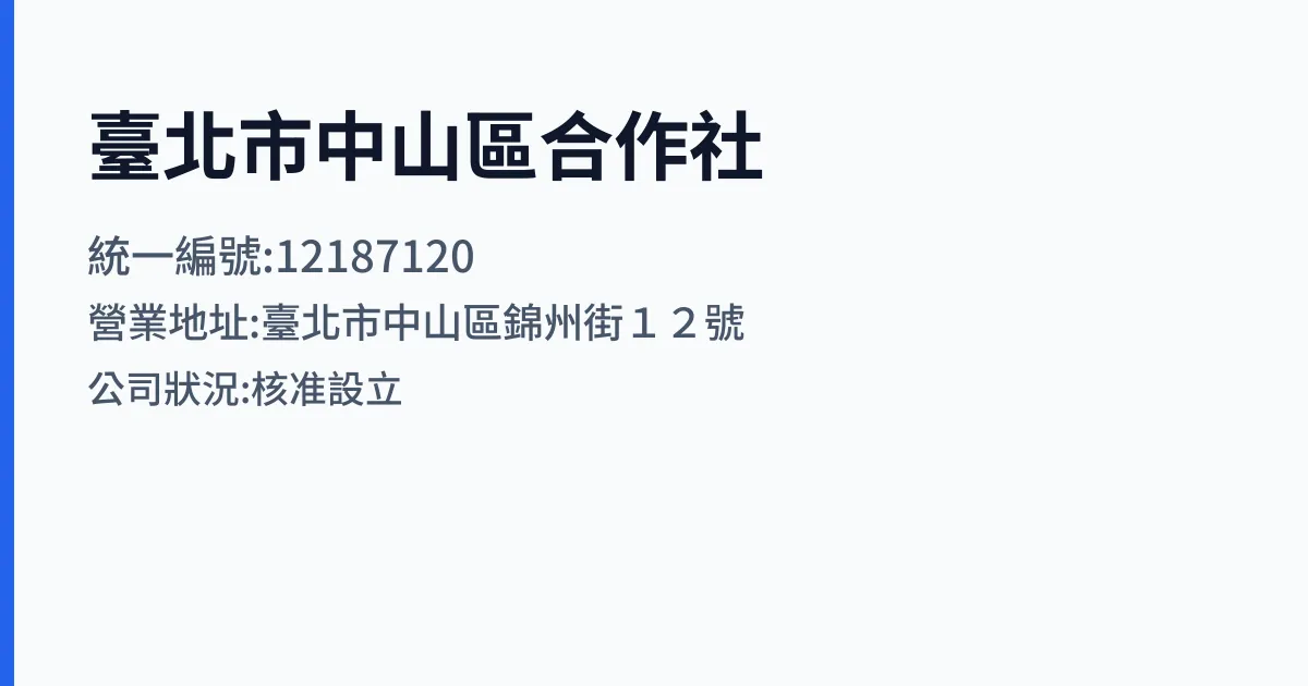 臺北市中山區合作社 - 統編 12187120(臺北市) 公司登記資料與營業項目詳細圖表
