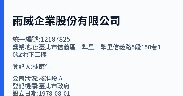 雨威企業股份有限公司的照片-統編 12187825(臺北市) 公司登記資料與營業項目詳細圖表