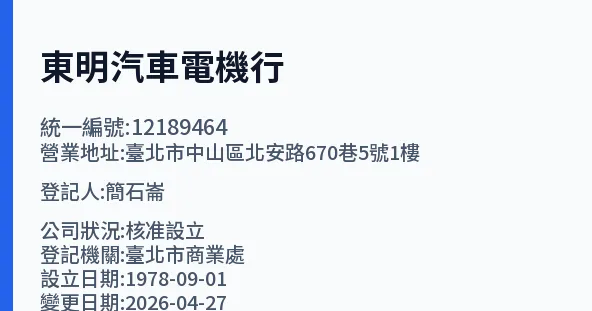 東明汽車電機行的照片-統編 12189464(臺北市) 公司登記資料與營業項目詳細圖表