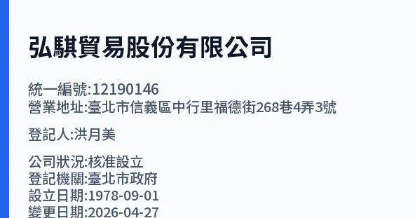 弘騏貿易股份有限公司的照片-統編 12190146(臺北市) 公司登記資料與營業項目詳細圖表
