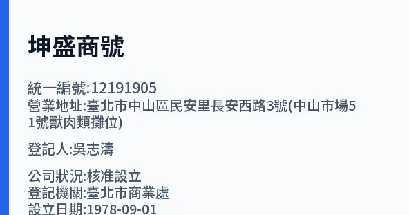 坤盛商號的照片-統編 12191905(臺北市) 公司登記資料與營業項目詳細圖表