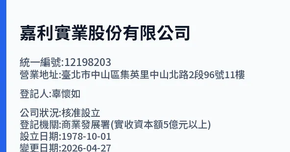 嘉利實業股份有限公司的照片-統編 12198203(臺北市) 公司登記資料與營業項目詳細圖表