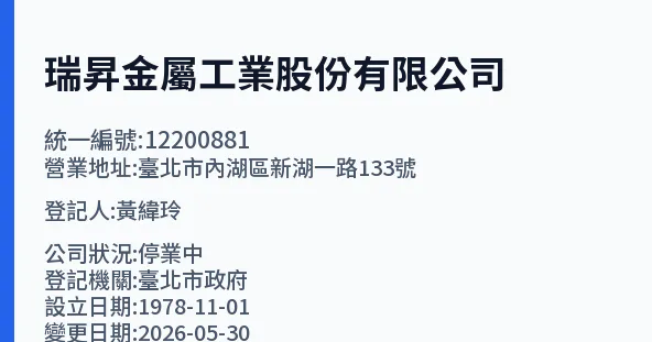 瑞昇金屬工業股份有限公司的照片-統編 12200881(臺北市) 公司登記資料與營業項目詳細圖表
