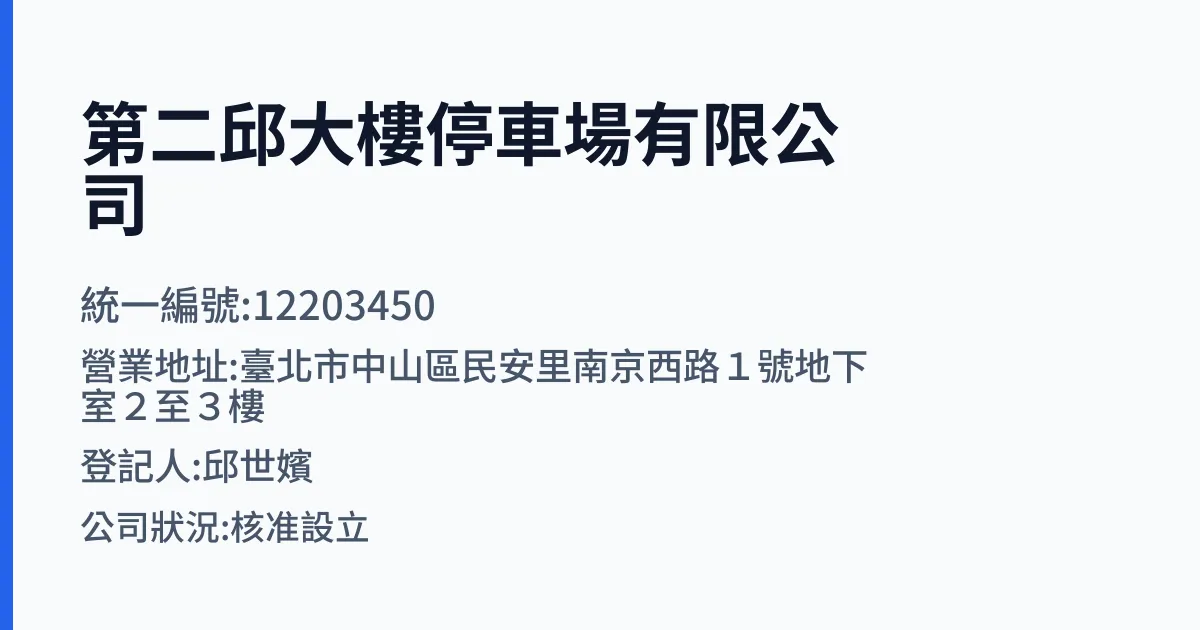 第二邱大樓停車場有限公司 - 統編 12203450(臺北市) 公司登記資料與營業項目詳細圖表
