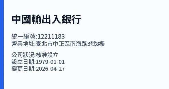 中國輸出入銀行的照片-統編 12211183(臺北市) 公司登記資料與營業項目詳細圖表