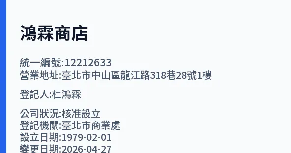 鴻霖商店的照片-統編 12212633(臺北市) 公司登記資料與營業項目詳細圖表