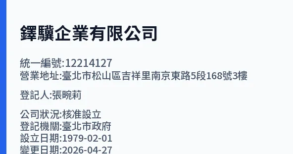 鐸驥企業有限公司的照片-統編 12214127(臺北市) 公司登記資料與營業項目詳細圖表
