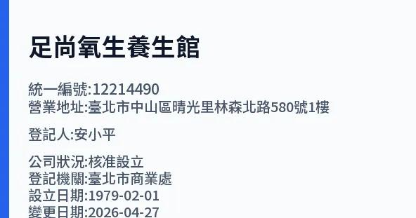 足尚氧生養生館的照片-統編 12214490(臺北市) 公司登記資料與營業項目詳細圖表