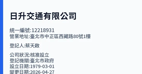 日升交通有限公司的照片-統編 12218931(臺北市) 公司登記資料與營業項目詳細圖表