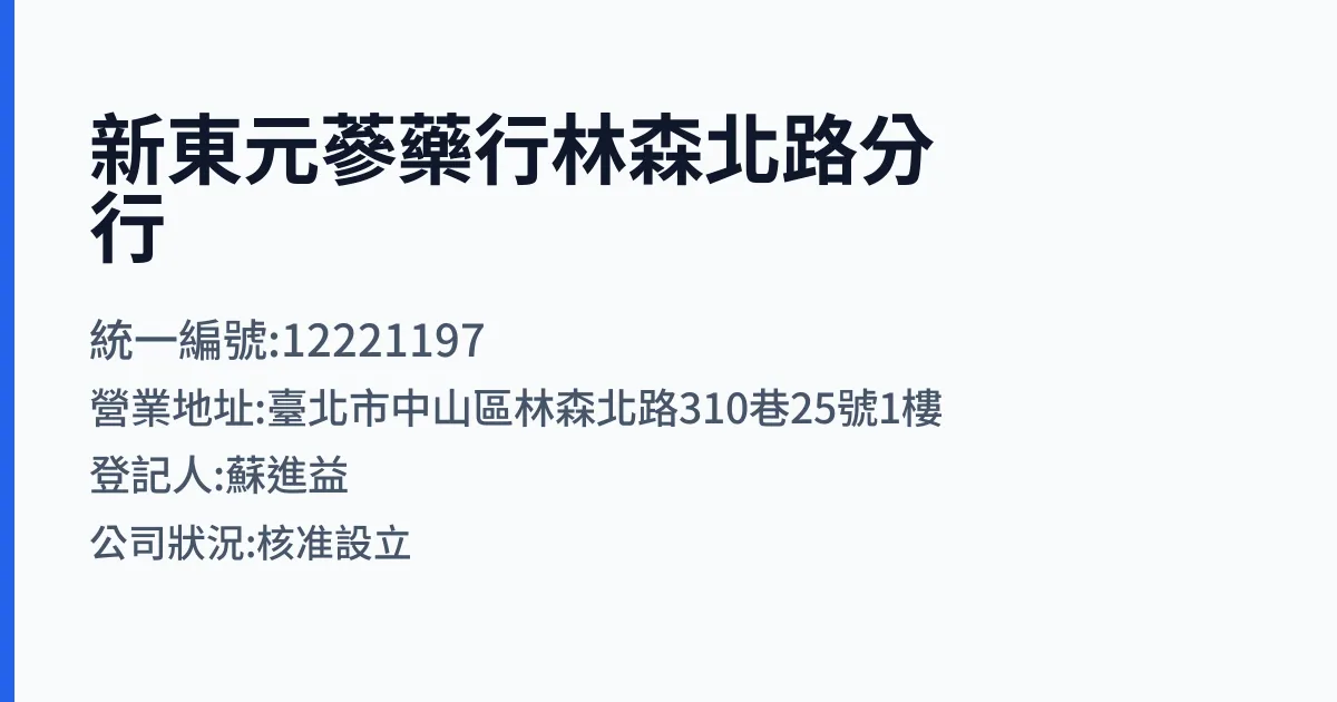 新東元蔘藥行林森北路分行 - 統編 12221197(臺北市) 公司登記資料與營業項目詳細圖表