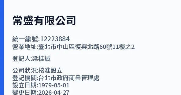 常盛有限公司的照片-統編 12223884(臺北市) 公司登記資料與營業項目詳細圖表