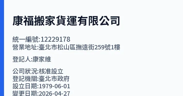 康福搬家貨運有限公司的照片-統編 12229178(臺北市) 公司登記資料與營業項目詳細圖表