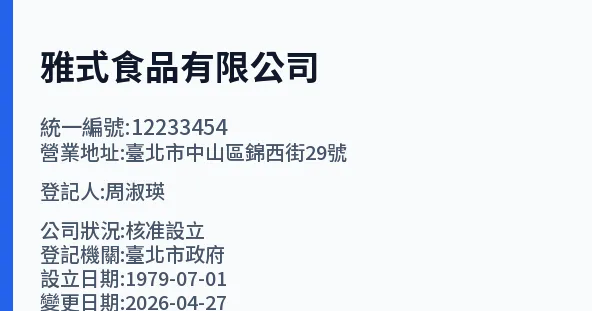 雅式食品有限公司的照片-統編 12233454(臺北市) 公司登記資料與營業項目詳細圖表