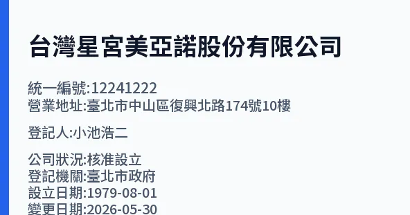 台灣星宮美亞諾股份有限公司的照片-統編 12241222(臺北市) 公司登記資料與營業項目詳細圖表